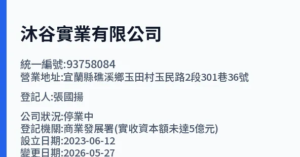 沐谷實業有限公司的照片-統編 93758084(宜蘭縣) 公司登記資料與營業項目詳細圖表