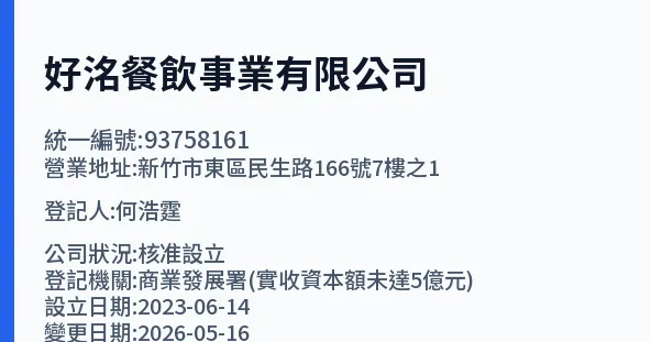 好洺餐飲事業有限公司的照片-統編 93758161(新竹市) 公司登記資料與營業項目詳細圖表