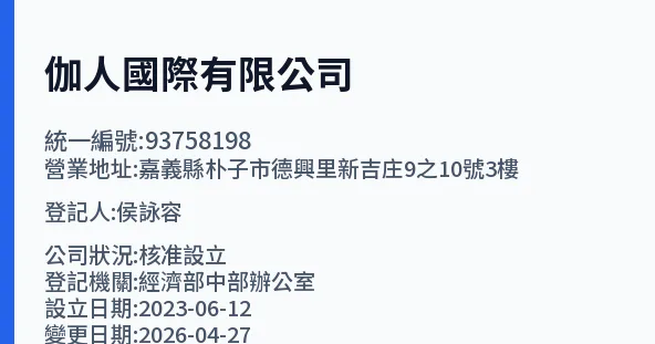 伽人國際有限公司的照片-統編 93758198(嘉義縣) 公司登記資料與營業項目詳細圖表