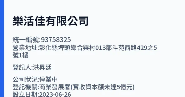 樂活佳有限公司的照片-統編 93758325(彰化縣) 公司登記資料與營業項目詳細圖表