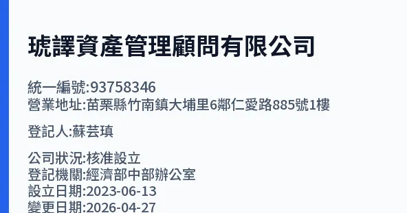 琥譯資產管理顧問有限公司的照片-統編 93758346(苗栗縣) 公司登記資料與營業項目詳細圖表