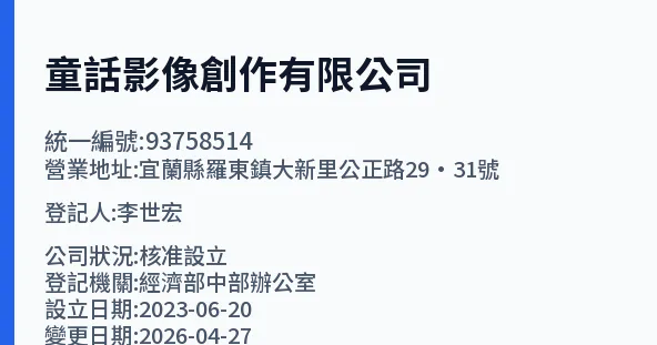 童話影像創作有限公司的照片-統編 93758514(宜蘭縣) 公司登記資料與營業項目詳細圖表
