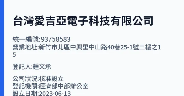 台灣愛吉亞電子科技有限公司的照片-統編 93758583(新竹市) 公司登記資料與營業項目詳細圖表