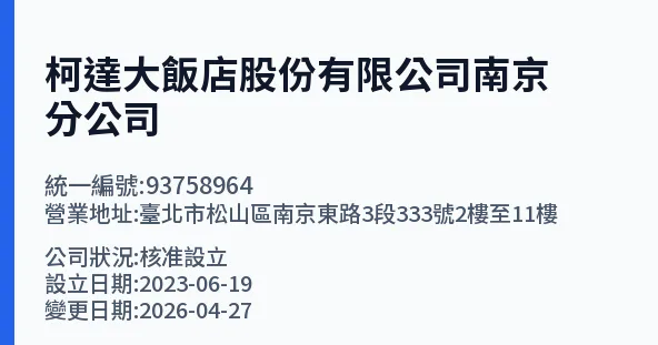 柯達大飯店股份有限公司南京分公司的照片-統編 93758964(臺北市) 公司登記資料與營業項目詳細圖表