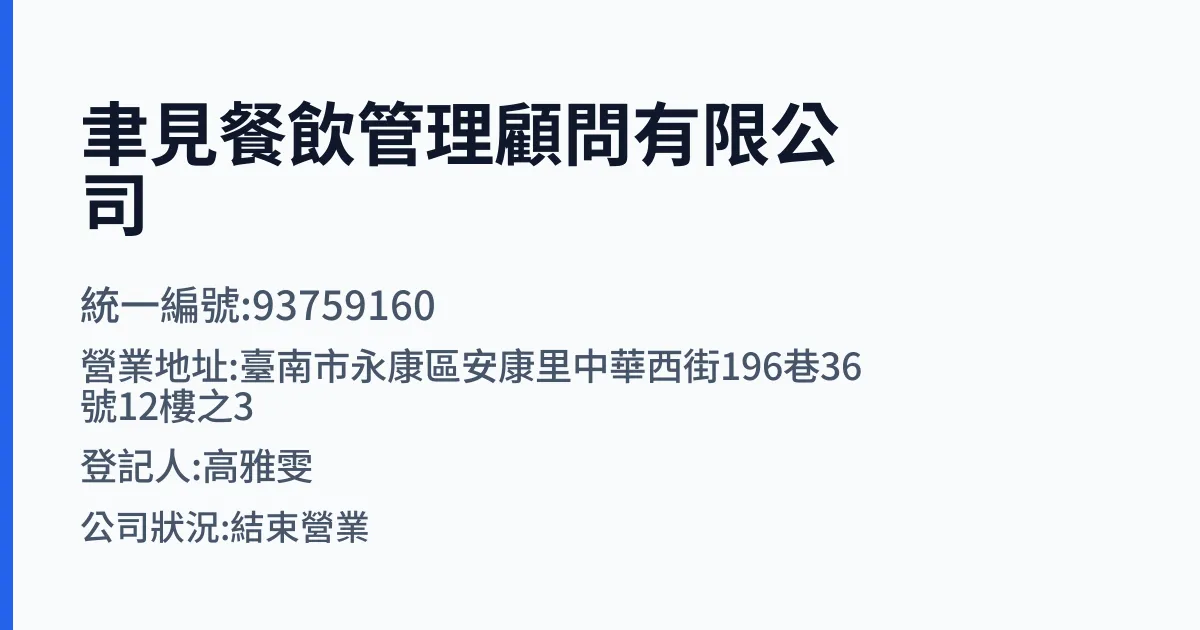 聿見餐飲管理顧問有限公司 - 統編 93759160(臺南市) 公司登記資料與營業項目詳細圖表