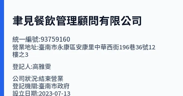 聿見餐飲管理顧問有限公司的照片-統編 93759160(臺南市) 公司登記資料與營業項目詳細圖表