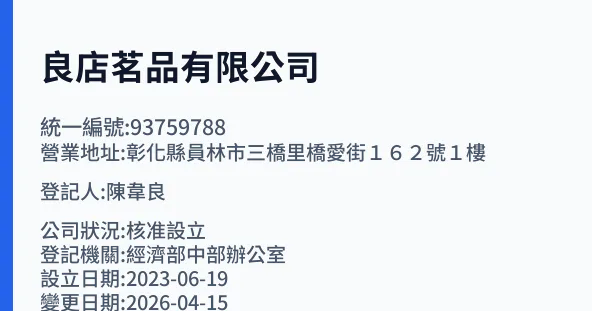 良店茗品有限公司 - 統編 93759788(彰化縣) 公司登記資料與營業項目詳細圖表