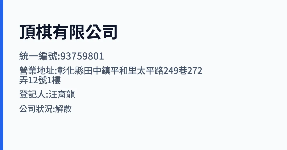 頂棋有限公司 - 統編 93759801(彰化縣) 公司登記資料與營業項目詳細圖表
