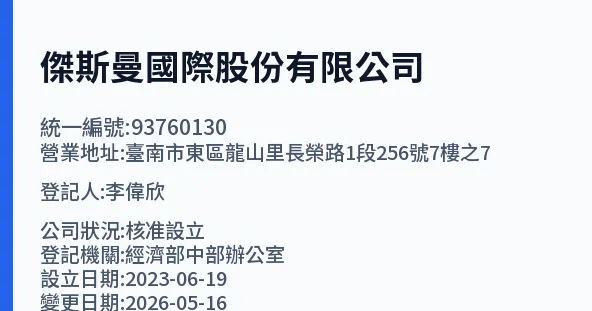 傑斯曼國際股份有限公司的照片-統編 93760130(臺南市) 公司登記資料與營業項目詳細圖表