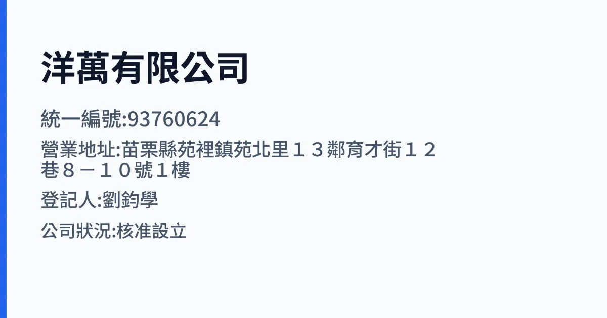 洋萬有限公司 - 統編 93760624(苗栗縣) 公司登記資料與營業項目詳細圖表