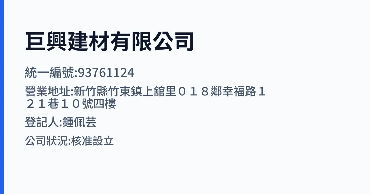 巨興建材有限公司 - 統編 93761124(新竹縣) 公司登記資料與營業項目詳細圖表