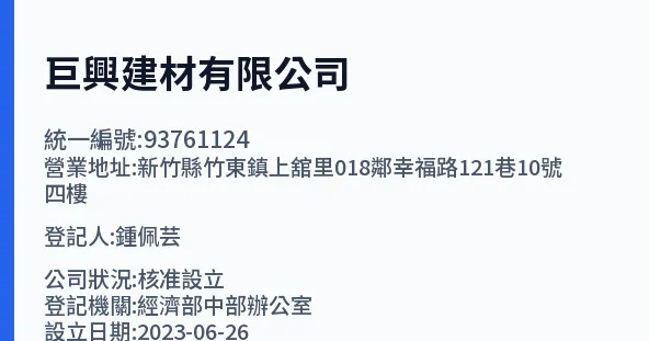 巨興建材有限公司的照片-統編 93761124(新竹縣) 公司登記資料與營業項目詳細圖表