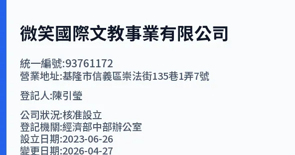 微笑國際文教事業有限公司的照片-統編 93761172(基隆市) 公司登記資料與營業項目詳細圖表