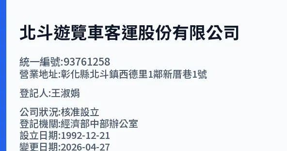 北斗遊覽車客運股份有限公司的照片-統編 93761258(彰化縣) 公司登記資料與營業項目詳細圖表