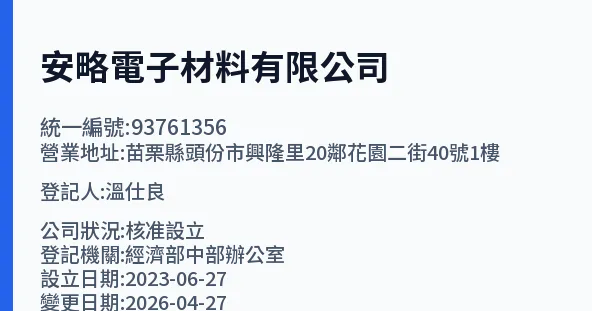 安略電子材料有限公司的照片-統編 93761356(苗栗縣) 公司登記資料與營業項目詳細圖表