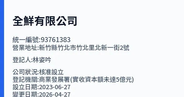 全鮮有限公司的照片-統編 93761383(新竹縣) 公司登記資料與營業項目詳細圖表