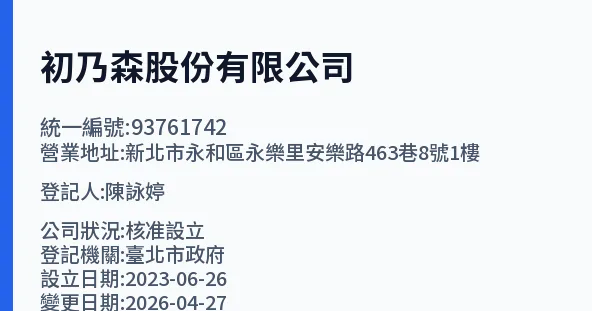 初乃森股份有限公司的照片-統編 93761742(新北市) 公司登記資料與營業項目詳細圖表