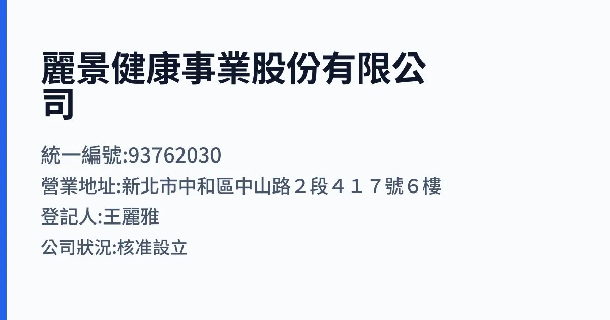 麗景健康事業股份有限公司 - 統編 93762030(新北市) 公司登記資料與營業項目詳細圖表