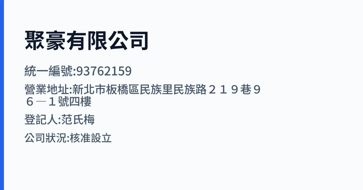 聚豪有限公司 - 統編 93762159(新北市) 公司登記資料與營業項目詳細圖表