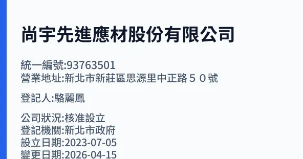 尚宇先進應材股份有限公司的照片-統編 93763501(新北市) 公司登記資料與營業項目詳細圖表
