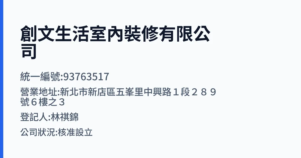 創文生活室內裝修有限公司 - 統編 93763517(新北市) 公司登記資料與營業項目詳細圖表
