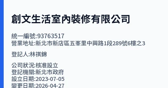 創文生活室內裝修有限公司的照片-統編 93763517(新北市) 公司登記資料與營業項目詳細圖表
