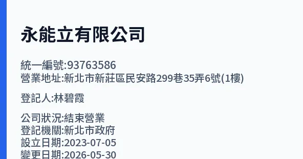 永能立有限公司的照片-統編 93763586(新北市) 公司登記資料與營業項目詳細圖表