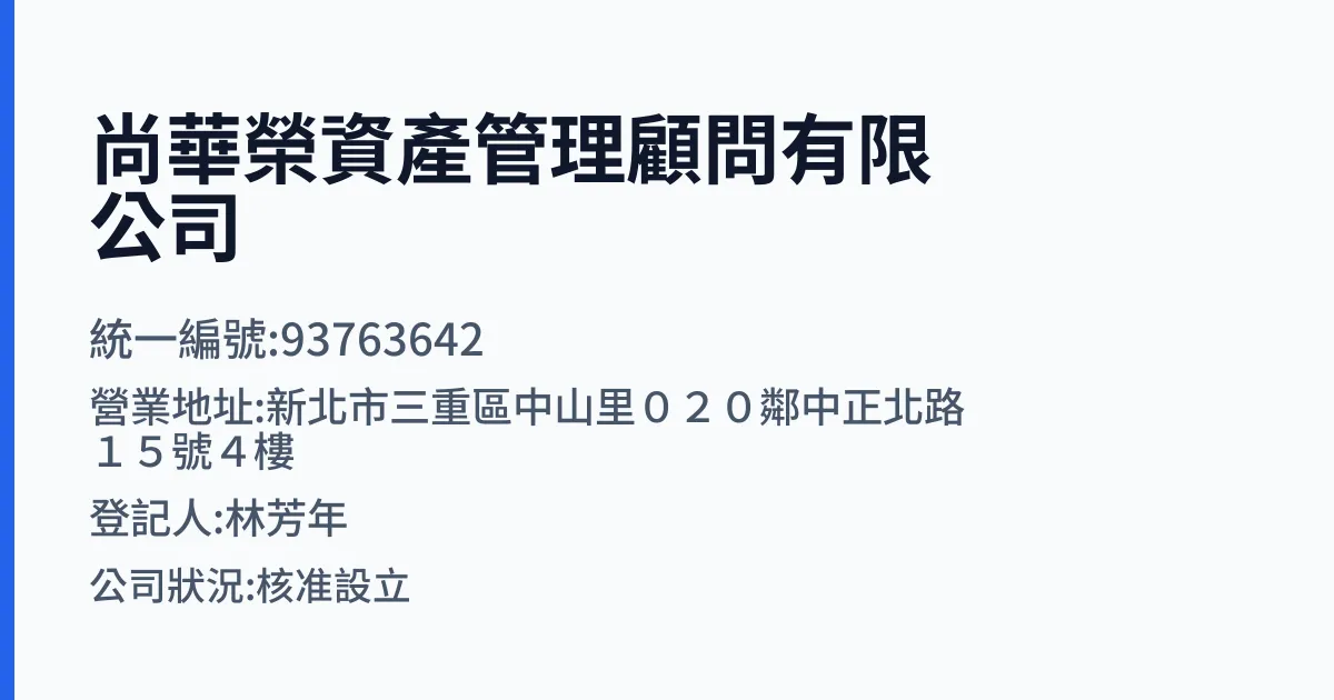 尚華榮資產管理顧問有限公司 - 統編 93763642(新北市) 公司登記資料與營業項目詳細圖表