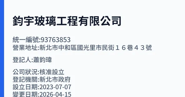 鈞宇玻璃工程有限公司的照片-統編 93763853(新北市) 公司登記資料與營業項目詳細圖表
