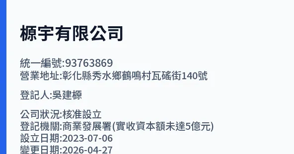 榞宇有限公司的照片-統編 93763869(彰化縣) 公司登記資料與營業項目詳細圖表