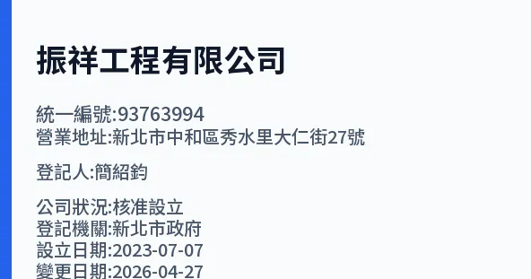 振祥工程有限公司的照片-統編 93763994(新北市) 公司登記資料與營業項目詳細圖表