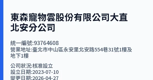 東森寵物雲股份有限公司大直北安分公司的照片-統編 93764608(臺北市) 公司登記資料與營業項目詳細圖表