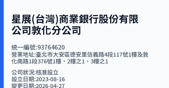 星展(台灣)商業銀行股份有限公司敦化分公司的照片-統編 93764620(臺北市) 公司登記資料與營業項目詳細圖表