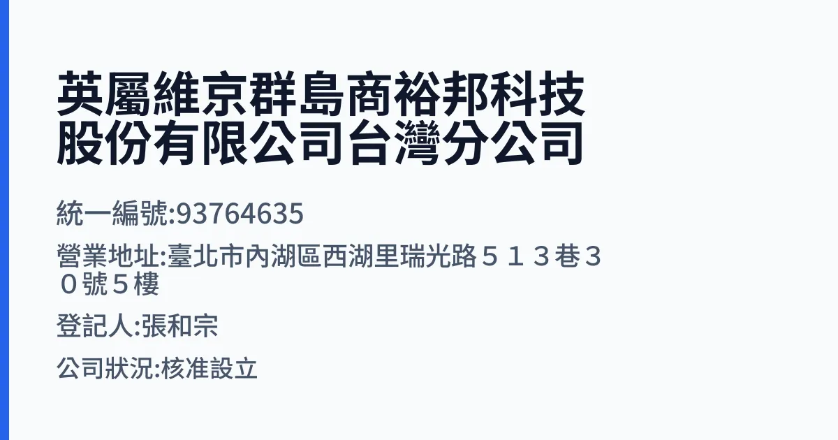 英屬維京群島商裕邦科技股份有限公司台灣分公司 - 統編 93764635(臺北市) 公司登記資料與營業項目詳細圖表