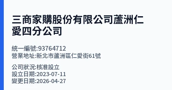 三商家購股份有限公司蘆洲仁愛四分公司的照片-統編 93764712(新北市) 公司登記資料與營業項目詳細圖表