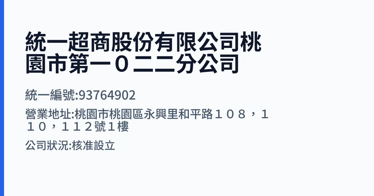 統一超商股份有限公司桃園市第一０二二分公司 - 統編 93764902（桃園市） 公司登記資料與營業項目詳細圖表