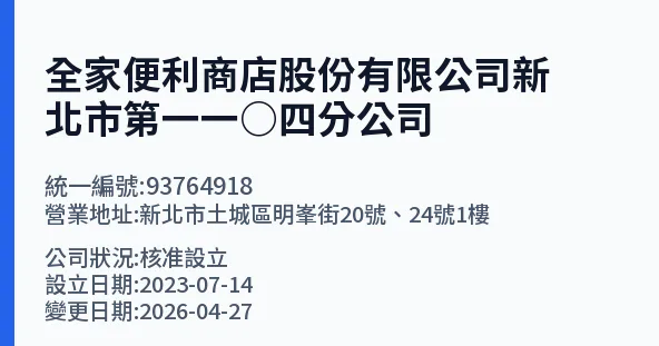 全家便利商店股份有限公司新北市第一一○四分公司的照片-統編 93764918(新北市) 公司登記資料與營業項目詳細圖表