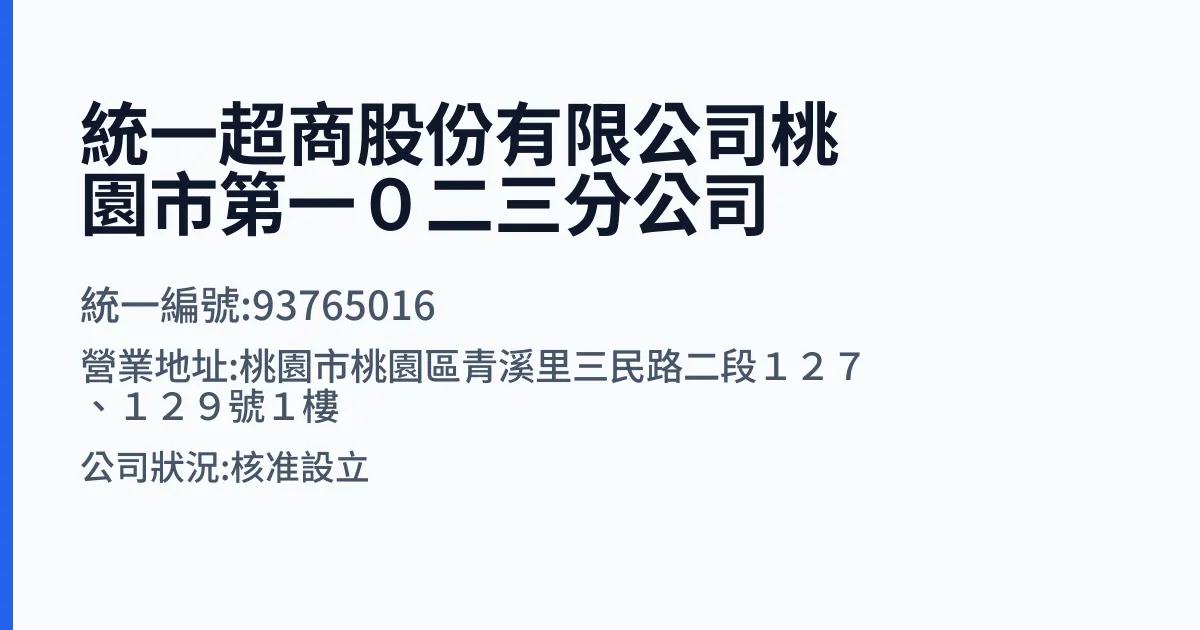 統一超商股份有限公司桃園市第一０二三分公司 - 統編 93765016(桃園市) 公司登記資料與營業項目詳細圖表