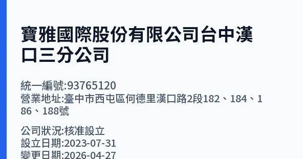 寶雅國際股份有限公司台中漢口三分公司的照片-統編 93765120(臺中市) 公司登記資料與營業項目詳細圖表