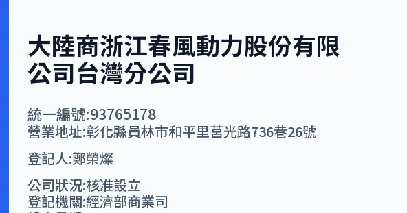 大陸商浙江春風動力股份有限公司台灣分公司的照片-統編 93765178(彰化縣) 公司登記資料與營業項目詳細圖表
