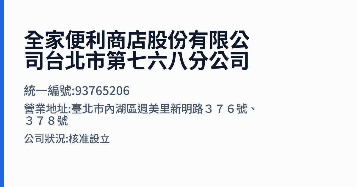 全家便利商店股份有限公司台北市第七六八分公司 - 統編 93765206(臺北市) 公司登記資料與營業項目詳細圖表