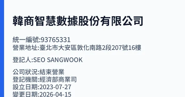 韓商智慧數據股份有限公司的照片-統編 93765331(臺北市) 公司登記資料與營業項目詳細圖表