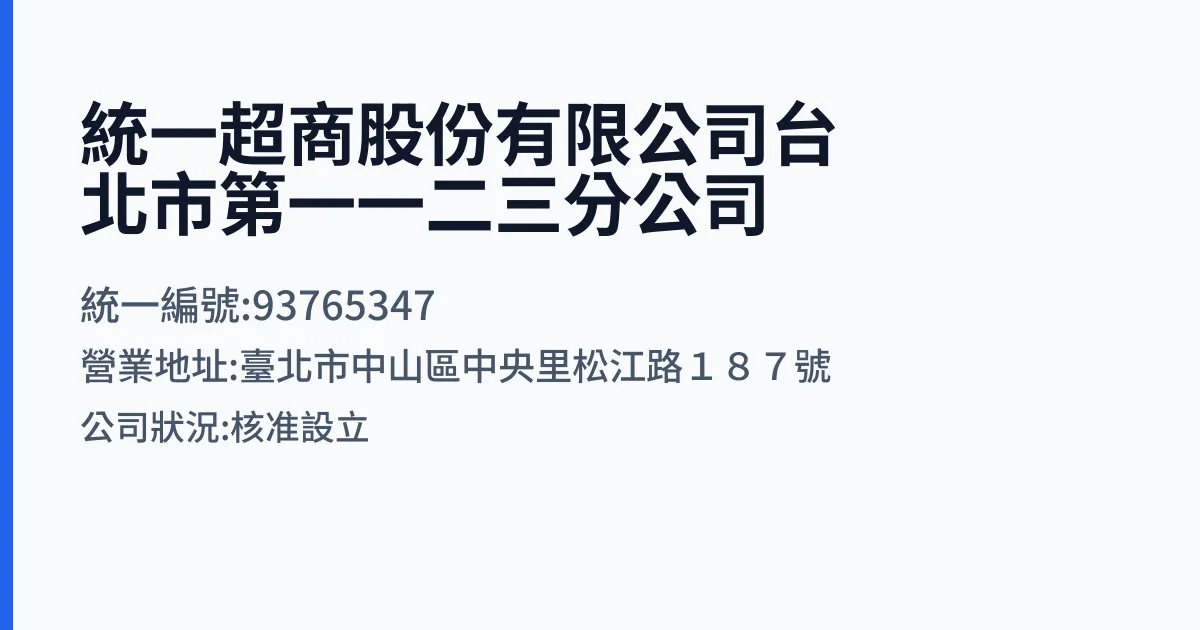 統一超商股份有限公司台北市第一一二三分公司 - 統編 93765347(臺北市) 公司登記資料與營業項目詳細圖表