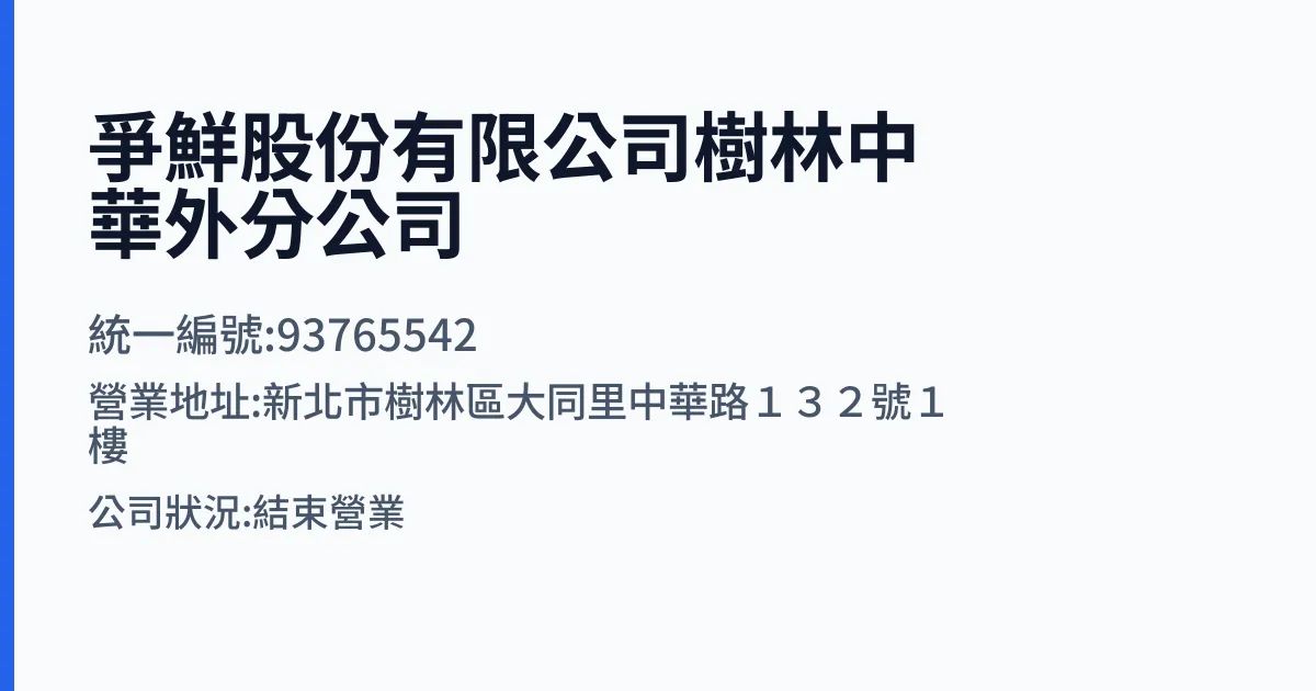 爭鮮股份有限公司樹林中華外分公司 - 統編 93765542(新北市) 公司登記資料與營業項目詳細圖表