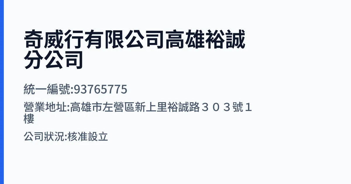 奇威行有限公司高雄裕誠分公司 - 統編 93765775(高雄市) 公司登記資料與營業項目詳細圖表