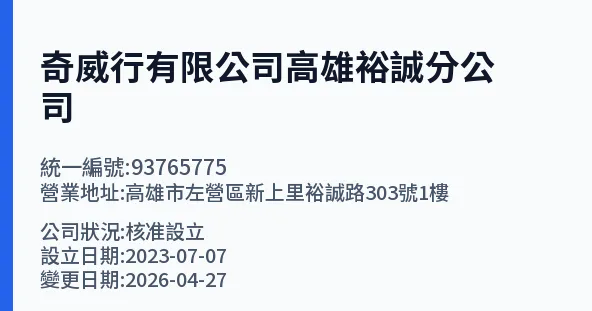 奇威行有限公司高雄裕誠分公司的照片-統編 93765775(高雄市) 公司登記資料與營業項目詳細圖表
