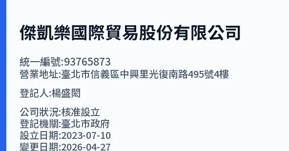 傑凱樂國際貿易股份有限公司的照片-統編 93765873(臺北市) 公司登記資料與營業項目詳細圖表
