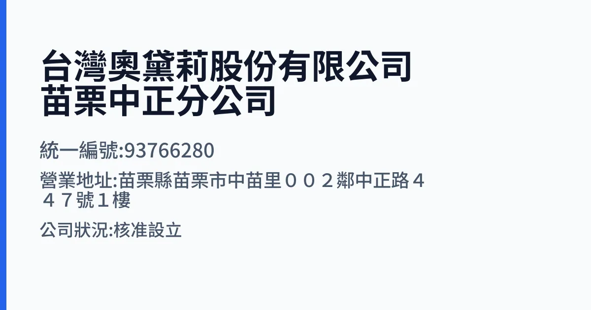 台灣奧黛莉股份有限公司苗栗中正分公司 - 統編 93766280(苗栗縣) 公司登記資料與營業項目詳細圖表