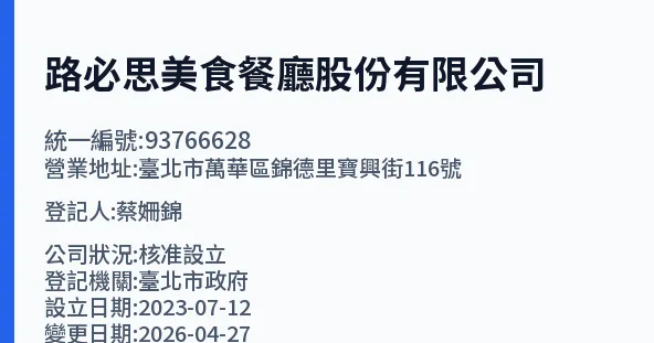 路必思美食餐廳股份有限公司的照片-統編 93766628(臺北市) 公司登記資料與營業項目詳細圖表