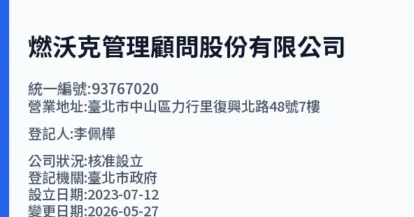 燃沃克管理顧問股份有限公司的照片-統編 93767020(臺北市) 公司登記資料與營業項目詳細圖表